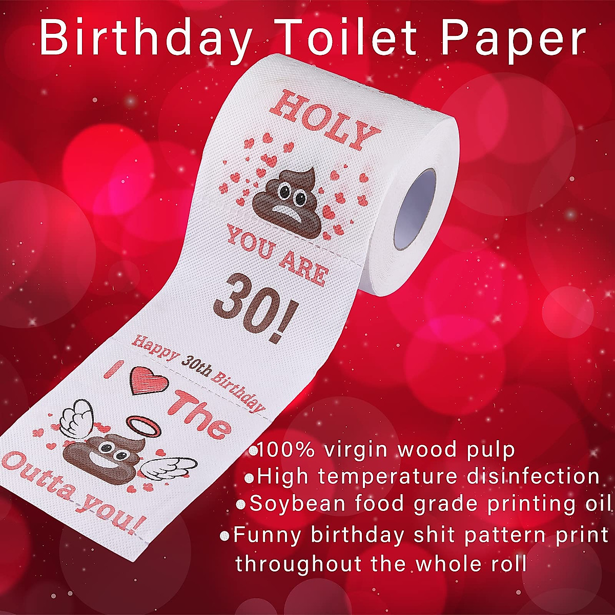 Anquan Happy 30th Birthday Toilet Paper Novelty Birthday Gifts Party Decorations Birthday Gag Gift ideal for Bday or Anniversary Celebration.