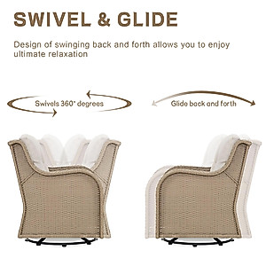 J.M.Deco Outdoor Swivel Rocker Patio Chairs Set of 2 and Matching Side Table - 3 Piece Wicker Patio Bistro Set with Premium & Soft Fabric Cushions for Porch, Backyard, Balcony (Light Brown)