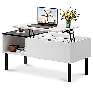 Koifuxii Coffee Table with Lift Top and Storage - White and Black Lift Top Coffee Tables for Living Room, Small Spaces - Lift up Coffee Table Wood, Metal Legs