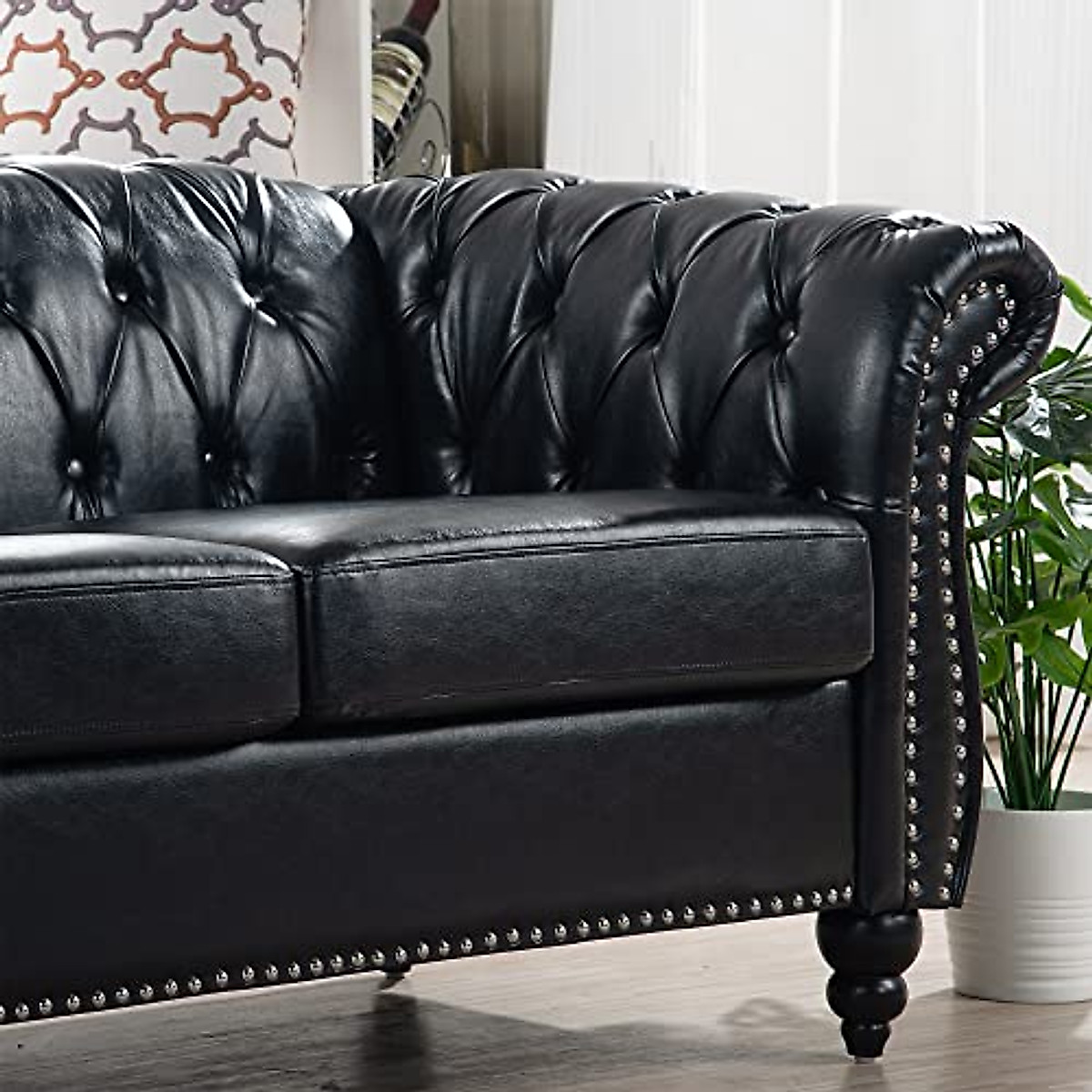Dvasovio Chesterfield Luxury Leather Sofa, Upholstered PU Sofa with Tufted Back, Classic 3 Seater Leather Couch Rolled Arm for Living Room Office, Black