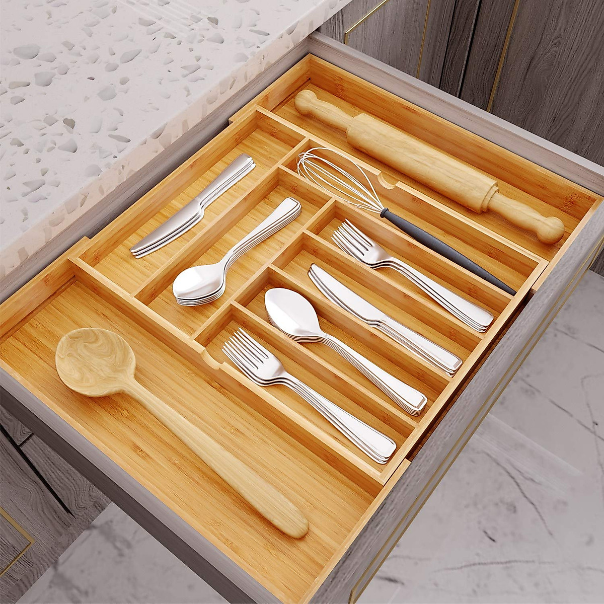 BAMEOS drawer organizer flatware organizer cutlery tray silverware organizer expandable adjustable bamboo drawer organizer kitchen bathroom
