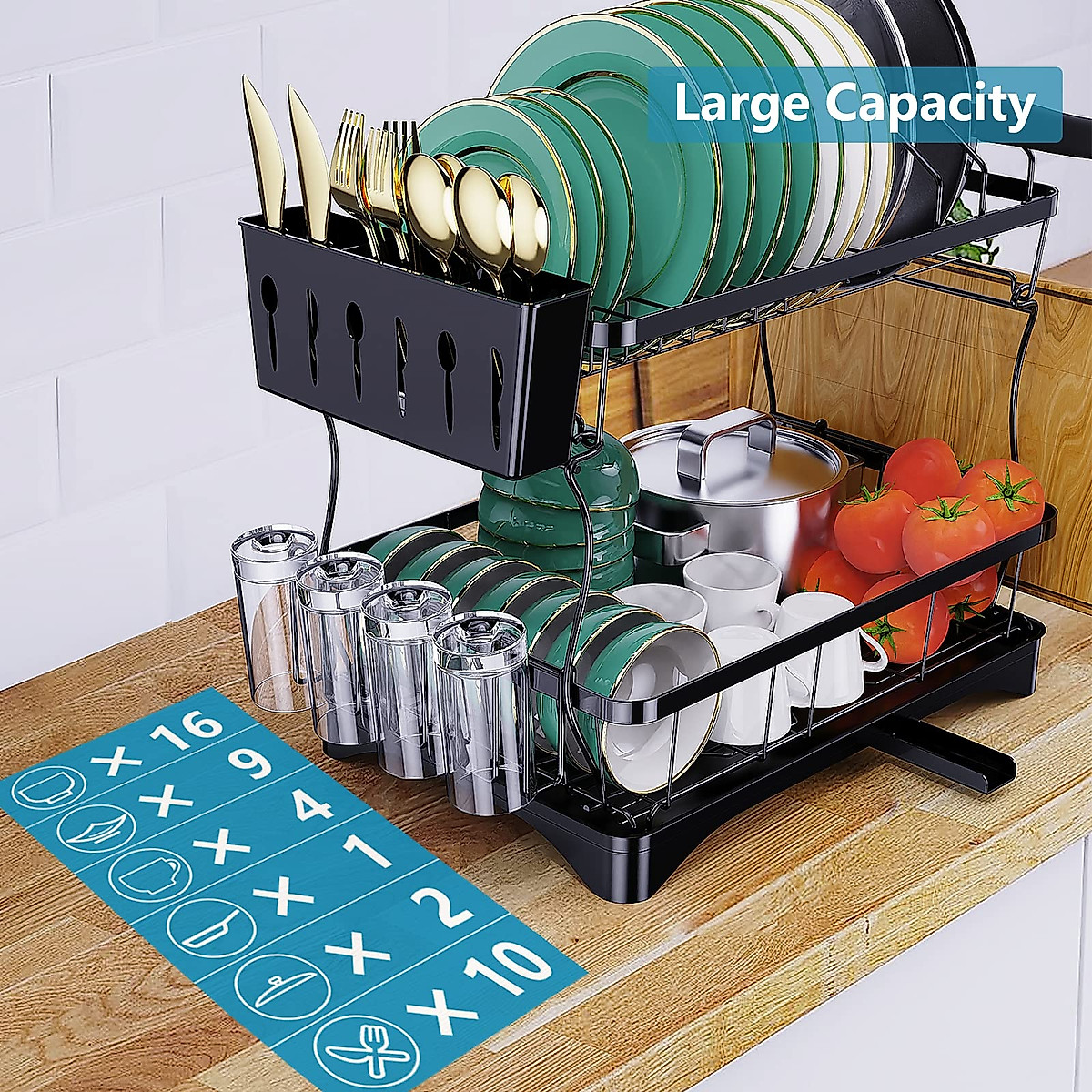 Johamoo Dish Drying Rack with Drainboard, 2 Tier Dish Rack for Kitchen Counter, Large Capacity Dish Drainer Set with Utensils Holder, Black