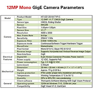 HTENG VISHI Gigabit GigE Ethernet 12MP 1/1.7" Monochrome Rolling Shutter Industrial Camera Machine Vision C Mouth Camera 4000X3000 9FPS Indoor