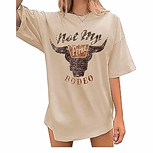 Oversized Rodeo T-Shirt for Women Not My First Rodeo Letter Printed Shirt Retro Western Country Cowboy Tee Tops (L, Apricot)
