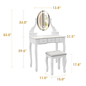 Lumelay Vanity Desk with Mirror and Lights, Makeup Vanity Table and Cushioned Stool Set with 5 Drawers, 3 Color Lighting Modes Brightness Adjustable, Bedroom Dressing Table for Women Girls, White
