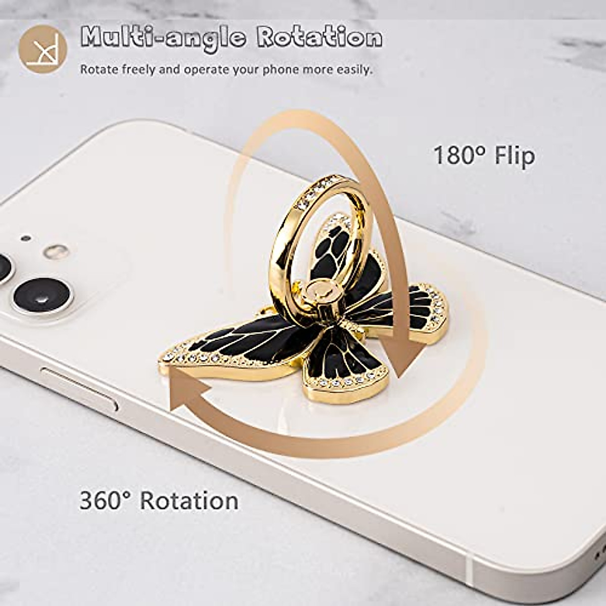 Doflyesky Cell Phone Ring Holder Butterfly, Finger Kickstand, Phone Ring Grip Holder, Compatible with iPhone 13/12/Mini/Pro/Pro Max and Android Phone (Gold Black)