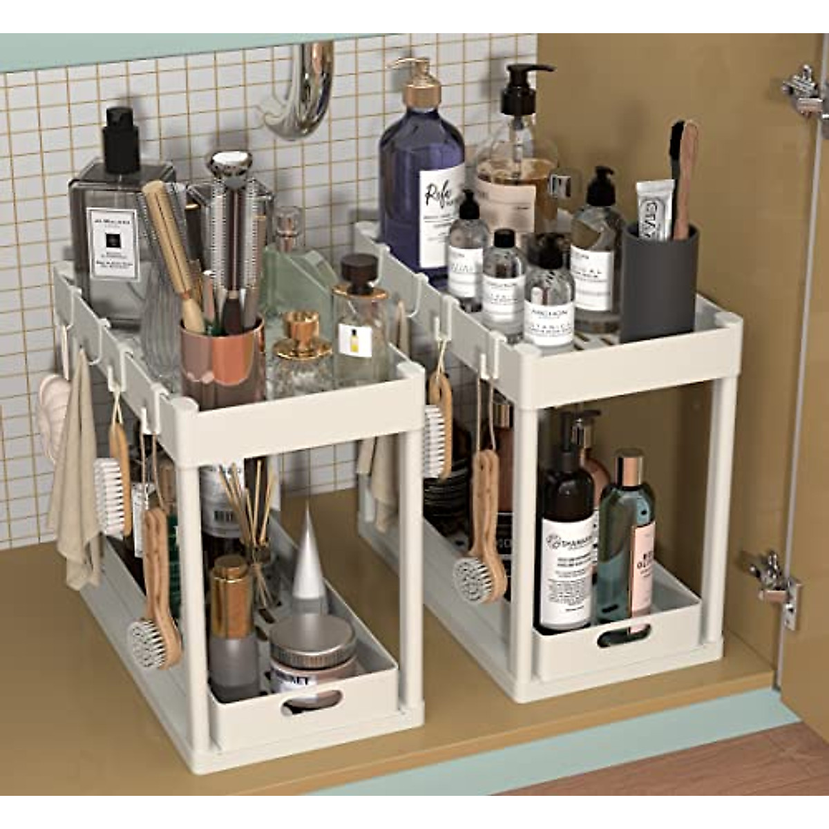 2PC Under Sink Organizer Rack 2 Tier Under Sliding Cabinet Basket Organizer Drawer with 4 Hooks, Multi-purpose Under Sink Storage for Bathroom Kitchen Desktop（White）