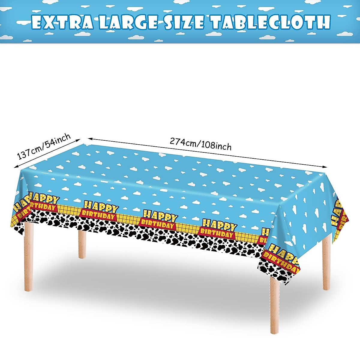 3 Pack Cartoon Story Birthday Party Supplies Cow Pattern Printed Table Cover Blue Sky and White Cloud Tablecloths Cow Birthday Party Decoration for Boy Girl Kid Birthday Party Decor 54 x 108 inch
