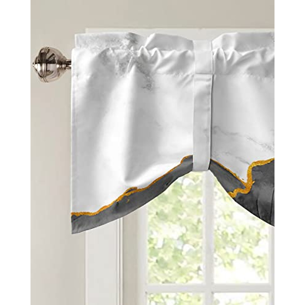 Tie Up Curtain Valance for Kitchen,Marble Black Gray White Color Contrast Gold Edge Window Valances Adjustable Tie-up Shade Valance,Modern Abstract Rod Pocket Short Curtains for Bathroom 42x12in