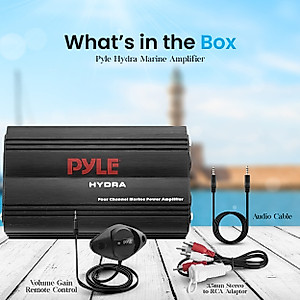 Pyle Hydra Marine Amplifier - Upgraded Elite Series 800 Watt 4 Channel Micro Amplifier - Waterproof, GAIN Level Controls, RCA Stereo Input, 3.5mm Jack, MP3 & Volume Control (PLMRMP3B)