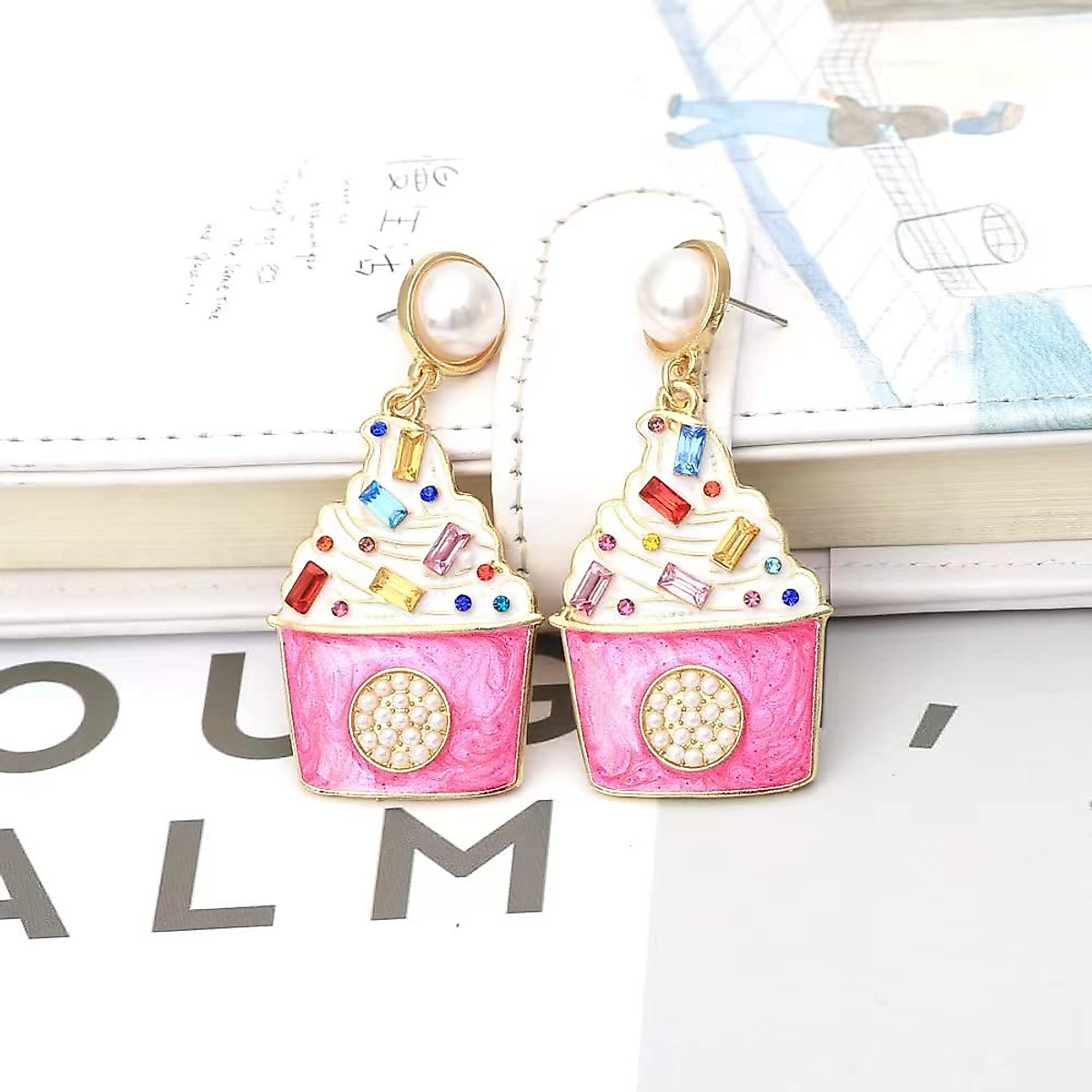 Hand Jeweled Cupcake Earrings for Bakers, Women. Jeweled Cupcake Earrings