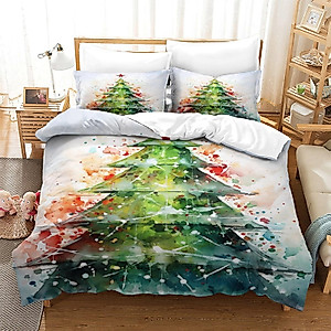 Christmas Tree Duvet Cover Set 3D Watercolor Print Decorative 3 Piece Bedding Set with 2 Pillow Shams with Zipper Closure All Season Microfiber Twin（173x218cm）
