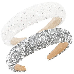 AHONEY 2 Pack Rhinestone Headband for Women Girls, Glitter Sequin Beaded Pearls Padded Headbands for Women Prom Wedding Sparkly Hair Bling Birthday Hair Accessories (Silver&White)
