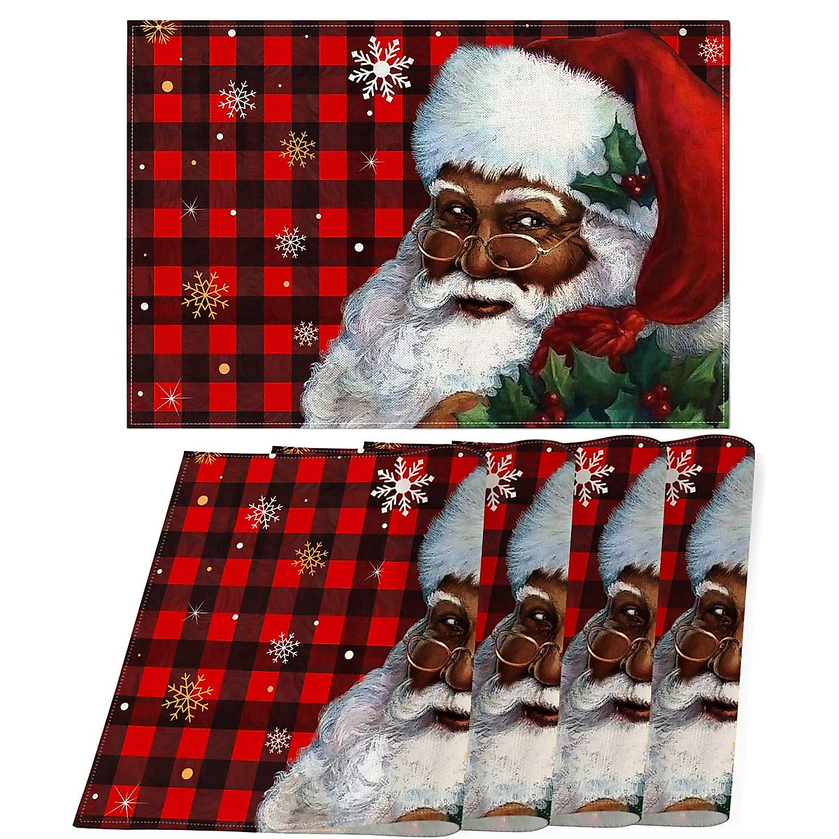 Nepnuser Linen African American Christmas Placemats Set of 4 Buffalo Plaid Black Santa Claus Place Mats for Home Kitchen Dining Table Decoration