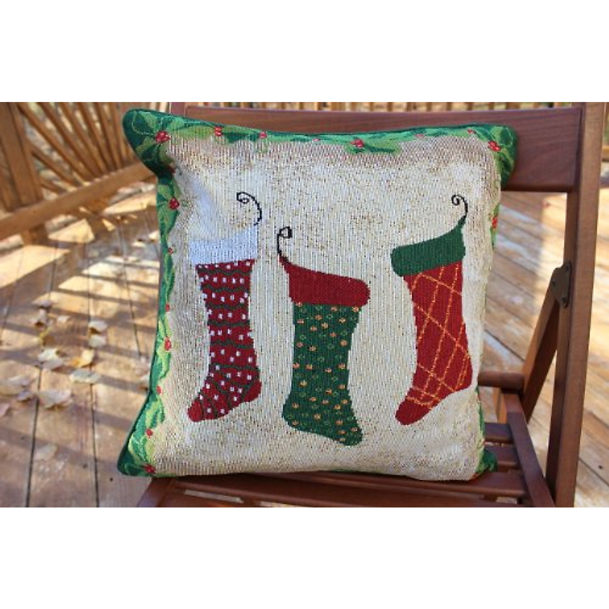Tache Green Christmas Throw Pillow Cover Festive Holiday Hang My Stockings by The Fireplace Decorative Woven Tapestry Cushion Cover, 1 Piece 16 x 16