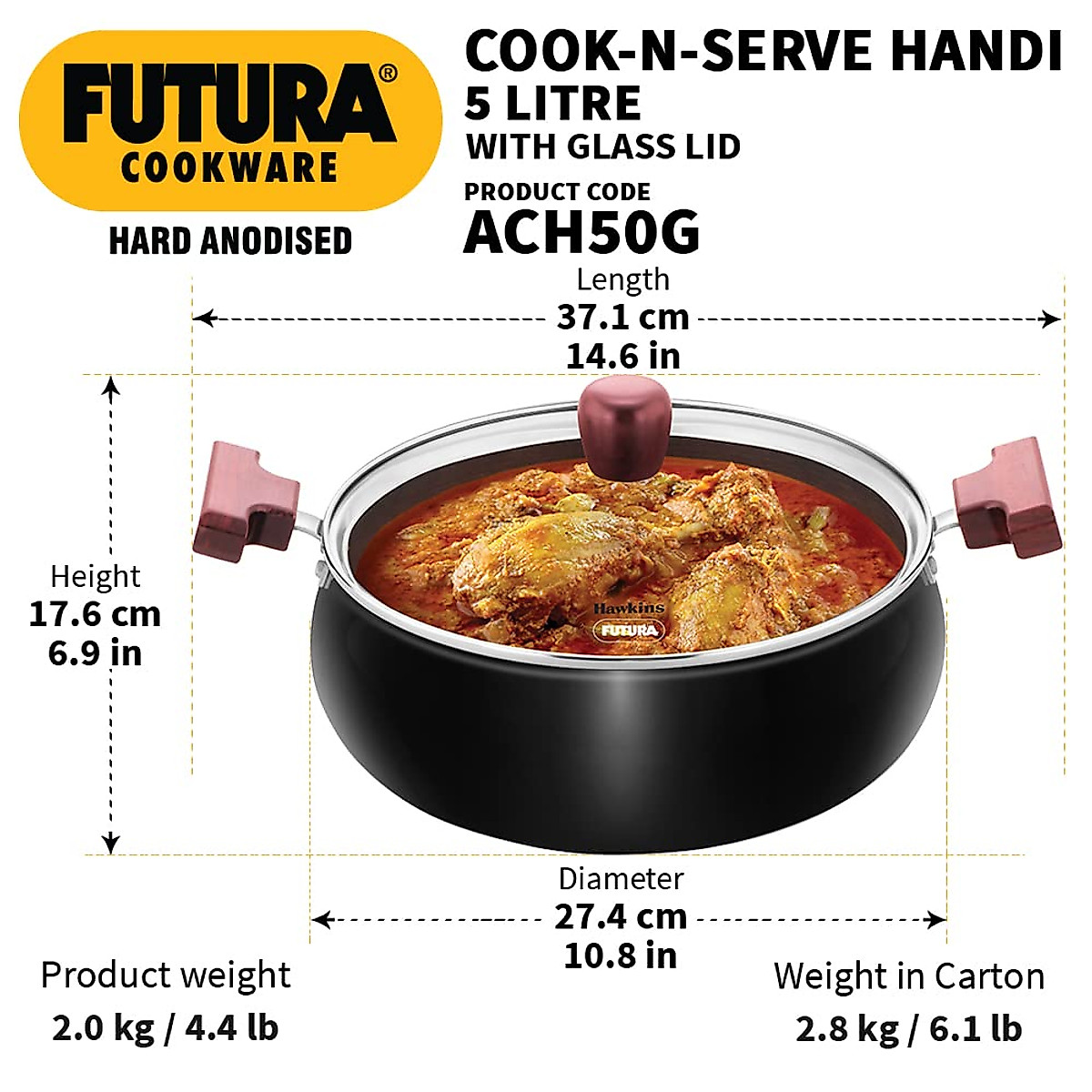 ‎Hawkins Futura 5 Litre Cook n Serve Handi, Hard Anodised Biryani Handi with Glass Lid, Saucepan, Sauce Pan, Black (ACH50G)
