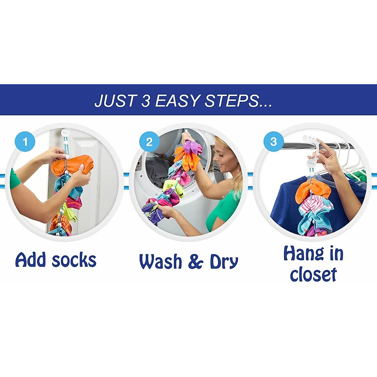 SockDock Sock Laundry Solution for Washing Drying & Storing Socks in Pairs, Clip & Hold Small & Long Socks in Washer Dryer & Closet, 2-Pack (Dark Blue)