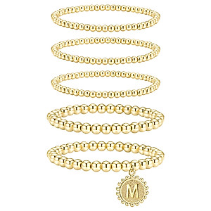 adoyi Gold Bracelets for Women, Gold Chain Bracelet Sets 14K Gold Initial Beaded Bracelets Adjustable Stretch Stackable Layered M Bracelet Set for Women Teen Girls Jewelry Gifts