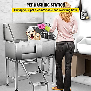 VEVOR 34" Pet Grooming Tub Stainless Steel Dog Wash Station Pet Washing Station and Dog Bath Tub Water-Resistant Grooming Tub for Dogs with Removable Door & Ladder on The Left