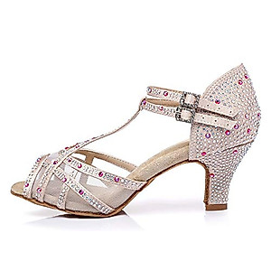 Minishion Crystals Dancing Sandals T-Strap Women's Satin Salsa Dance Shoes Nude US 8.5