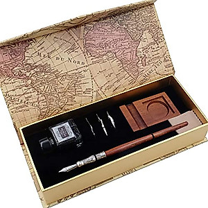 GC Antique Wooden Stem Pen Handcrafted Calligraphy Pen Set Dip Nib Pens-Writing Case With Black Ink Pen Wooden Holder Cartridges LL-182