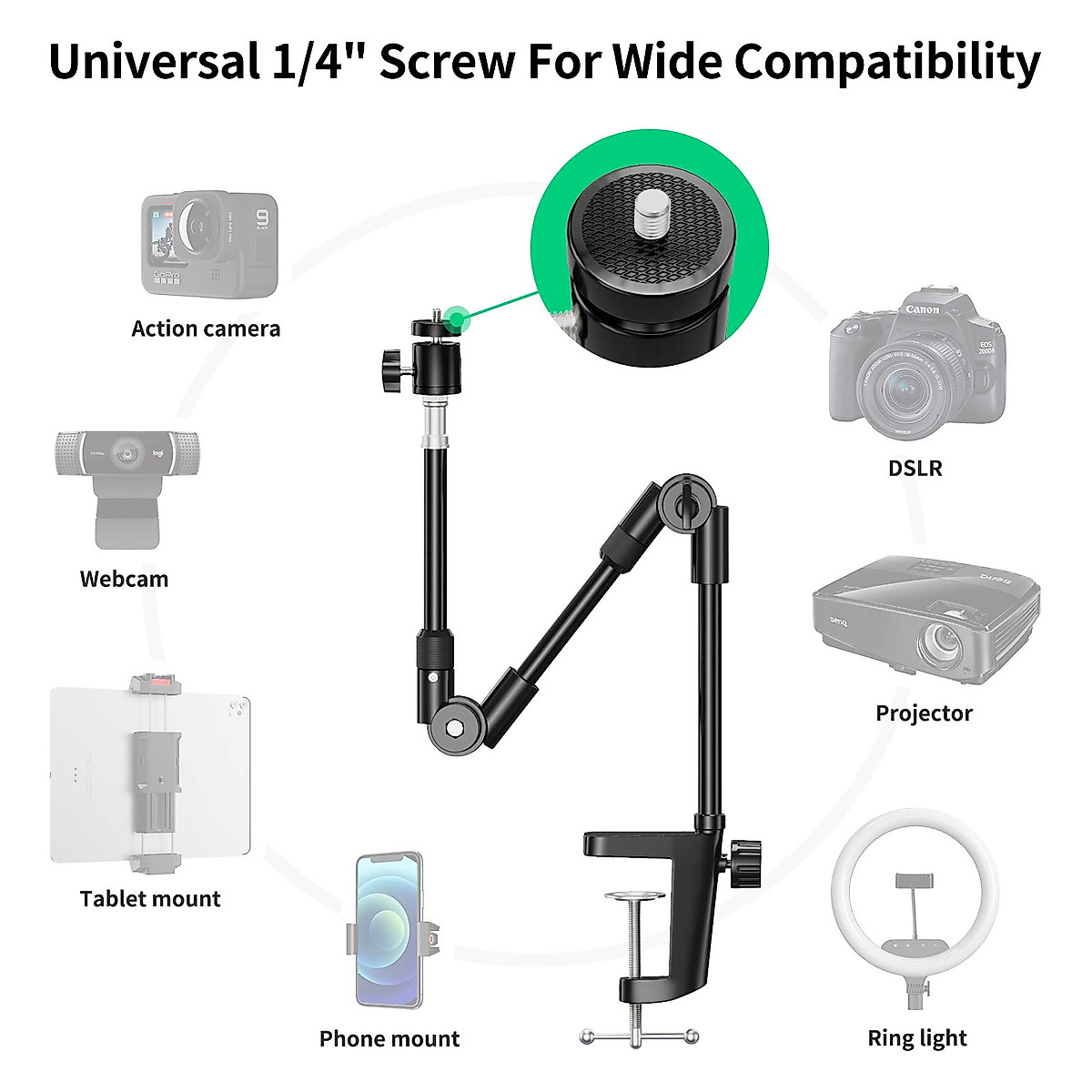 Webcam Stand Camera Mount with Phone Holder & 5/8" Screw, 25in Flexible Projector Stand Gooseneck Desk Mic Stand for Logitech C922 C930e C920 C615 C960 Brio 4K, GoPro, Blue Yeti Snowball Ice