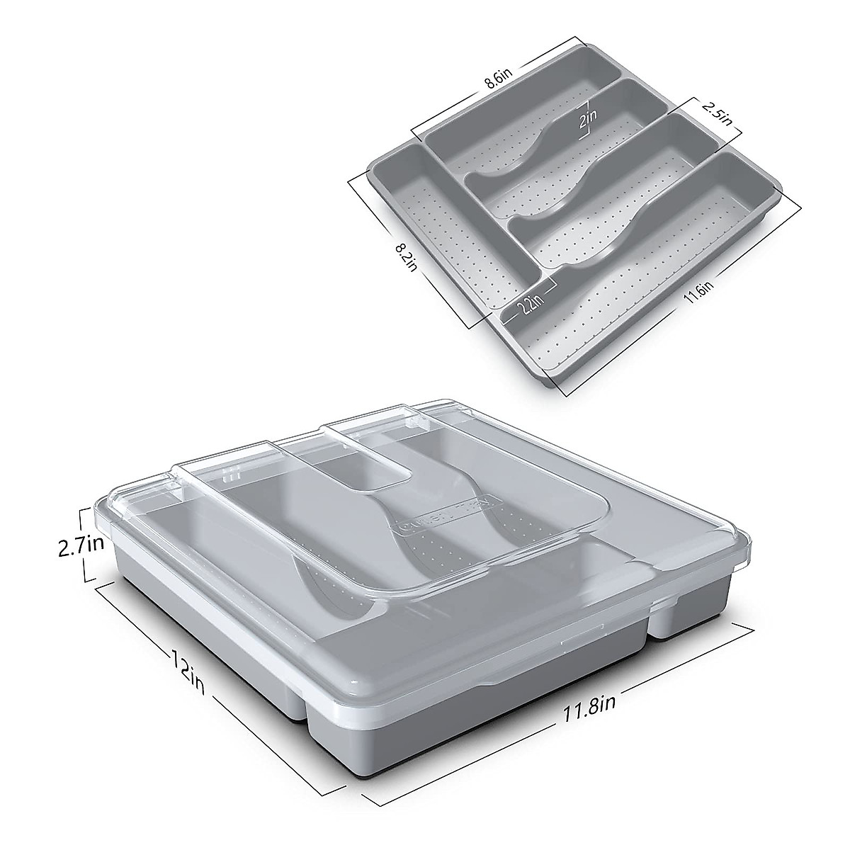 SUICGYU Silverware Organizer with Lid for Drawer, Plastic Utensil Holder for Countertop, Flatware Organizer Cutlery Tray with Cover 5 Compartments (Gray)