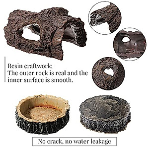 Reptile Hide, Reptile Food Bowls, Lizard Resin Hollow Tree Trunk Hideout, Bearded Dragon Tank Accessories Reptile Water Dish Habitat Tank Decoration for Lizards, Snake, Gecko, 3 Pcs (Brown Rock)