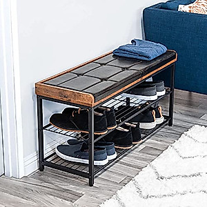 AVAFORT Two Layer Shoe Bench with PU Leather Padded Seat Top, Metal Frame, Rustic Brown