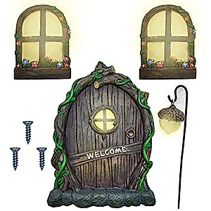 MasGo Fairy Garden Door Fairy Windows for Trees Glow in The Dark Yard Art Sculpture Decoration for Outdoor Miniature Fairy Garden Decor Accessories with Bonus Fairy Lantern