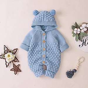 Toddler Baby Boy Girls Cartoon Bear Winter Hooded Jumpsuit Cotton Knitted Sweater Romper Long Sleeve Breasted Bodysuit Knitwear Hoodie Warm Button Coat Overalls Birthday Outfit Light Blue 0-6 Months