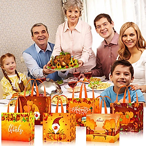 HOWAF 12Pcs Happy Thanksgiving Non-Woven Bags, Thanksgiving Party Favor Bags with Handle, Give Thanks Maple Leaves Pumpkin Treat Bags, Fall Themed Candy Goodie Bags for Thanksgiving Day Supplies