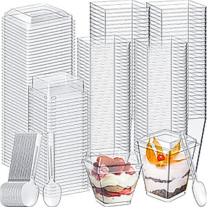 Mimorou 200 Pieces 5 oz and 2 oz Dessert Cups with Lids and Spoons, Clear Plastic Parfait Appetizer Cup Set Small Square Dessert