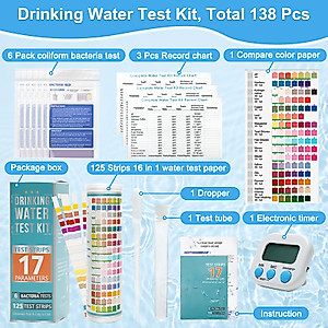 125+13Pcs 17in1 Drinking Water Test Kit, Luxiv 125P Water Quality Test Strips 6P E. coli Test Strips with Recording Paper, Timer Home Tap Well Water Test Kit for Lead Iron Copper Chlorine Fluoride PH
