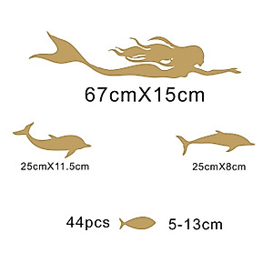 Yyart Mermaid Wall Decals, Fish Wall Stickers, Nautical Sea Ocean Dolphin Decal, Vinyl Sticker for Bathroom, Nursery Decor, Home Decor Art Mural A56 (Gold)