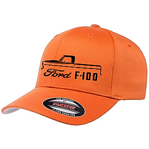 1967-1972 Ford F100 Pickup Truck Outline Design Flexfit 6277 Athletic Baseball Fitted Hat Cap Orange S/M