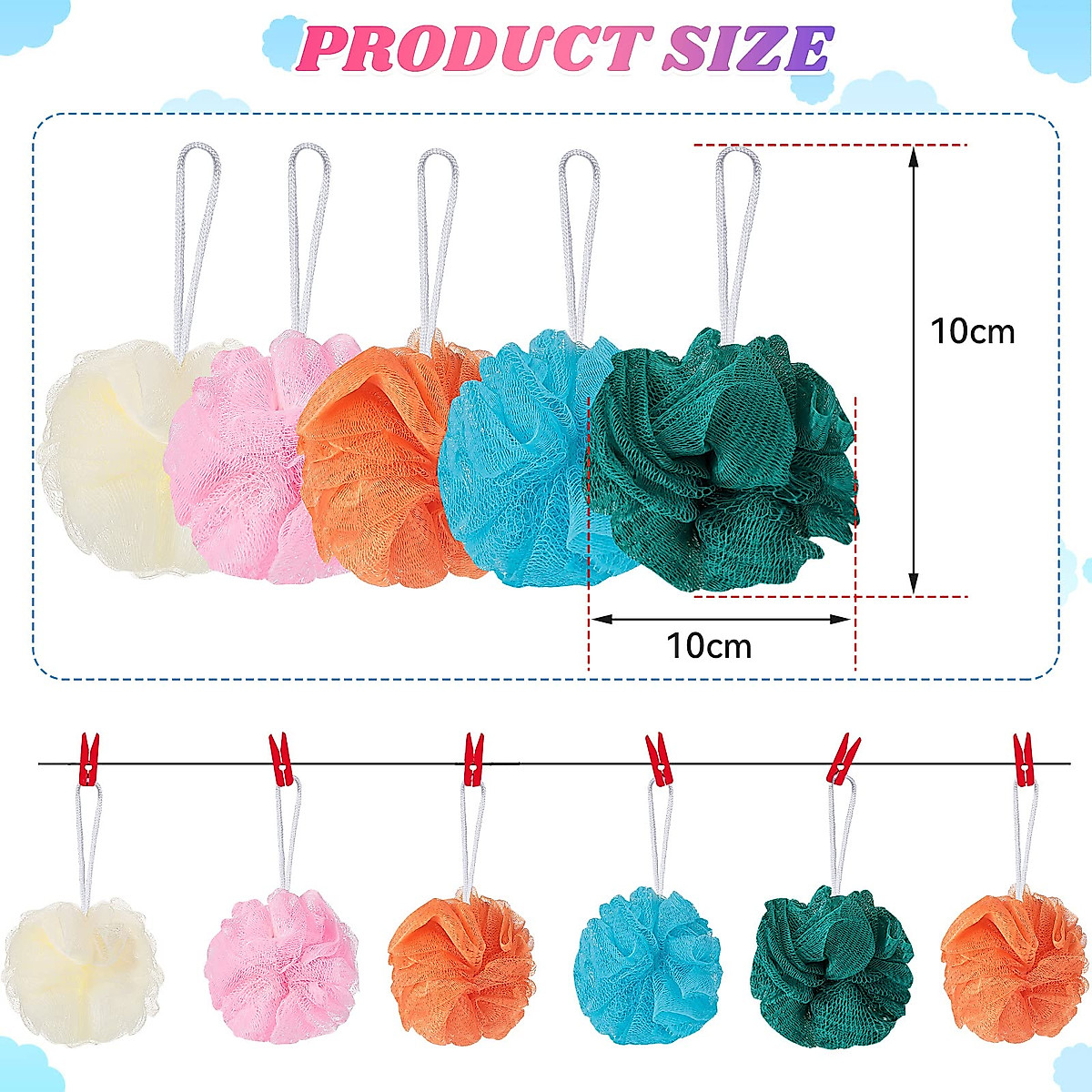 Set of 20 Bath Shower Loofah Sponge Pouf 20g Bath Sponge Mesh Exfoliating Body Scrubber Shower Puff Ball for Women Men Kids Travel Body Wash Exfoliator, 4 Inch, Pink, Beige, Blue, Dark Green, Orange