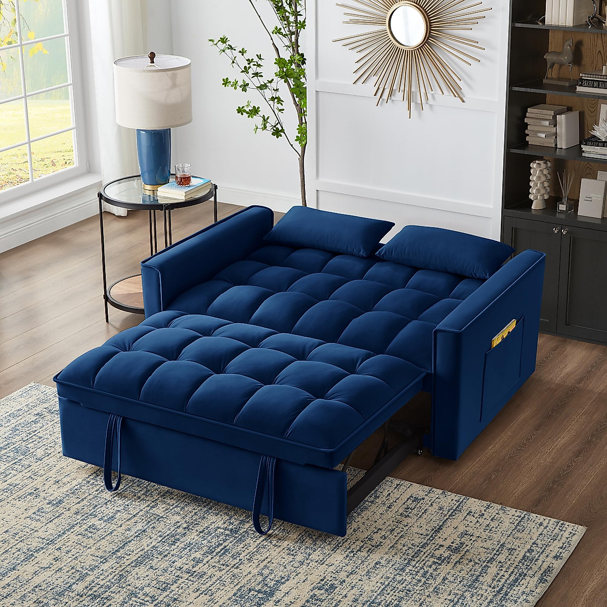 LUMISOL 4 in 1 Loveseat Sofa Bed with Armrests and Storage Pockets, Multifunctional Tufted Pull-Out Sofa Bed with Adjustable Backrest and Pillows, Convertible Loveseat Sofa Couch, 2 Seat, Blue