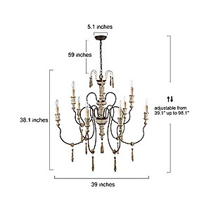 LALUZ Farmhouse Wood Chandeliers for Dining Rooms, 9-Light Distressed French Country Lighting, D39 H38