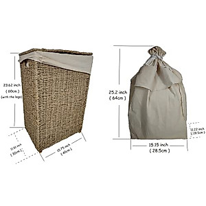 The Acacia Store 100% Natural Rectangular Seagrass Laundry Hamper with 2 100% Cotton Laundry Bags, Foldable with 4 legs made from bamboo and 2 handles, made in Vietnam, 12 x 16 x 24 Inches
