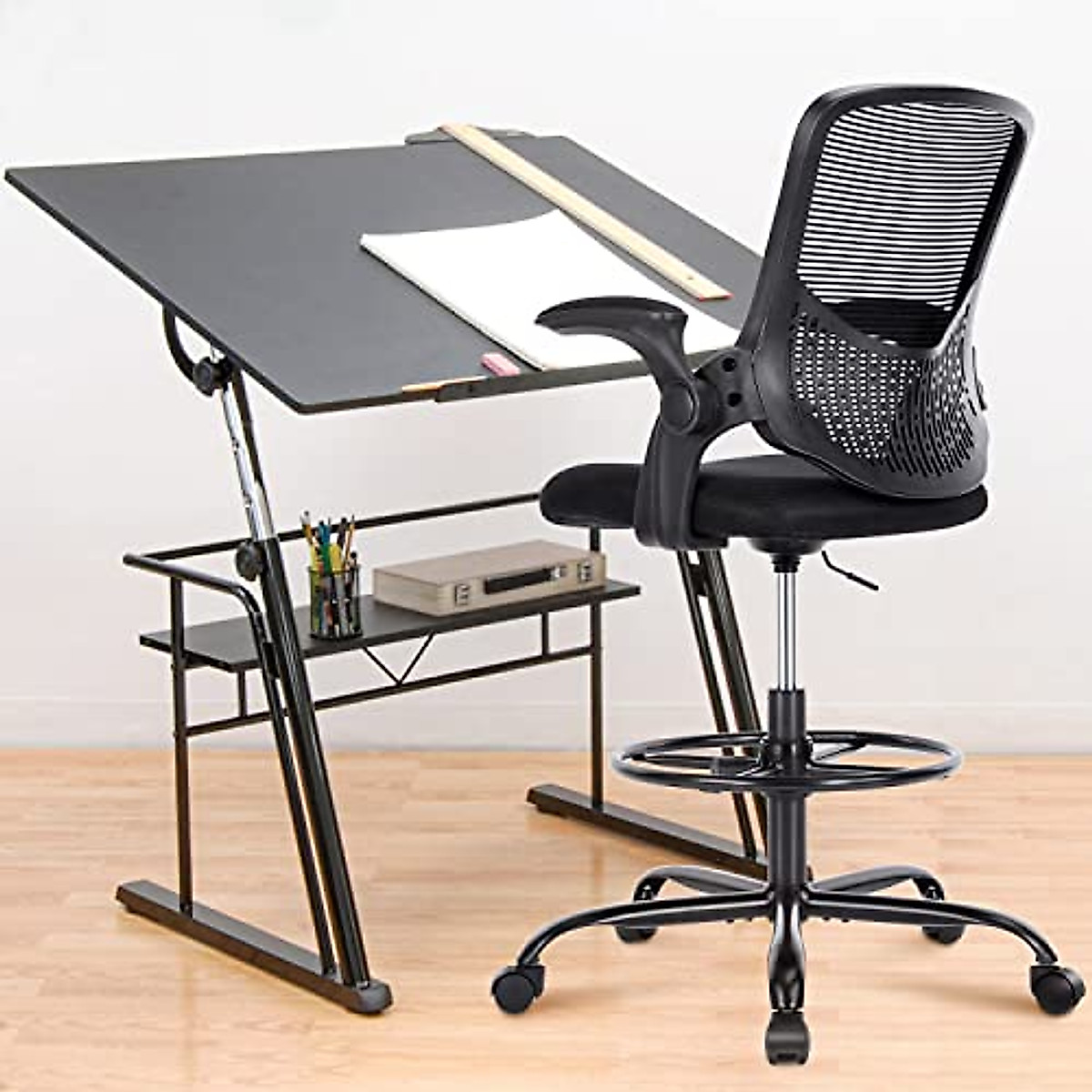 Tall Office Chair, Drafting Chair, Standing Desk Chair, High Adjustable Office Mesh Chair, Ergonomic Counter Height Computer Rolling Chair with Flip-up Armrests and Foot-Ring for Bar Height Desk