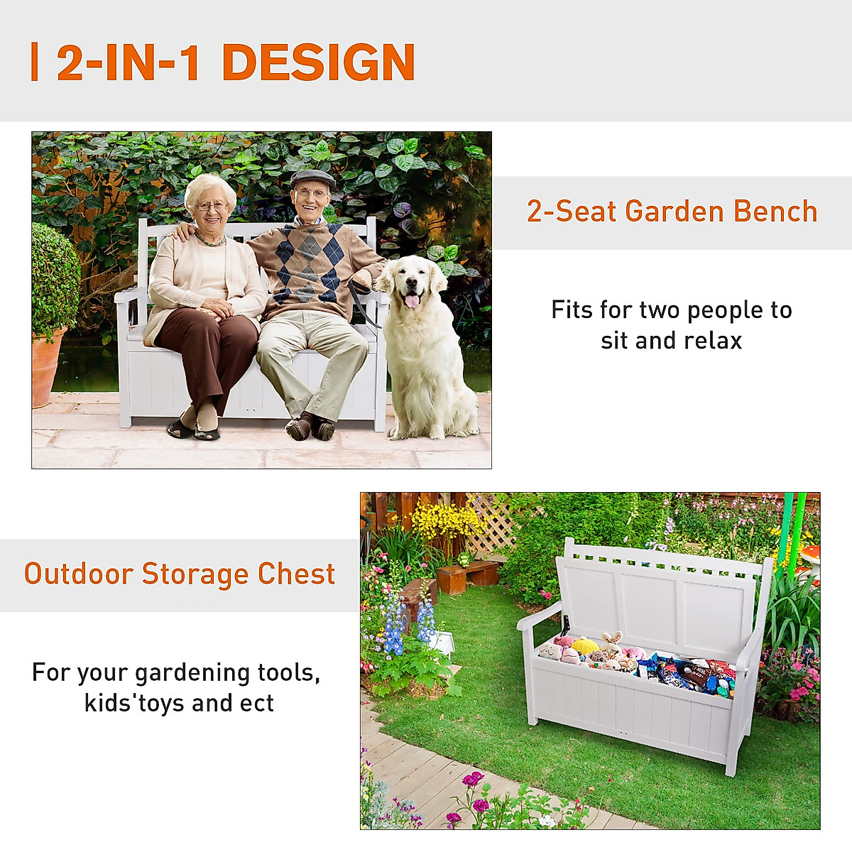 Outdoor Storage Bench Loveseat Deck Box Bench with Arm Back Patio Furniture 2-Seat Container Solid Wood for Garden Tools & Pool Toys Deck Storage Bench for Patio Garden Storage Porch White 450lbs