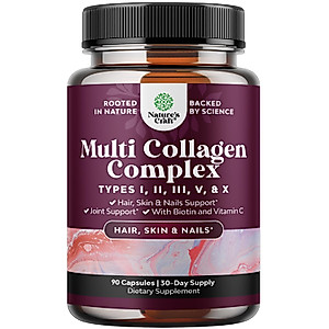 Advanced Multi Collagen Complex - Ageless Multi Collagen Peptides Supplements with Type 1 2 3 5 & X & Biotin for Hair, Skin and Nails Vitamins - Biotin Supplements for Women & Men - 90 Count