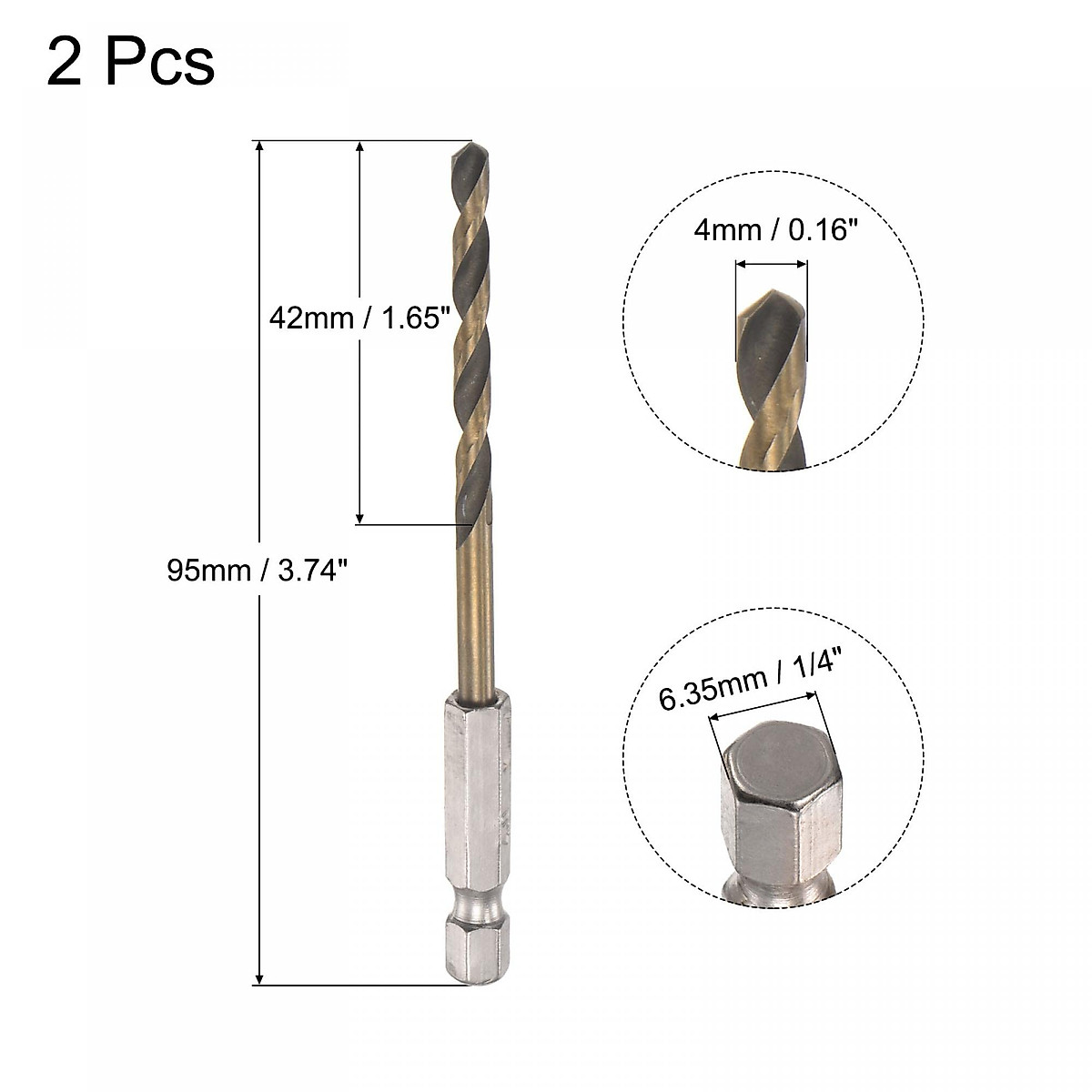 uxcell 2 Pcs High Speed Steel Hex Shank Twist Drill Bit, 4mm Drilling Dia with 1/4 Inch Hex Shank 95mm Length