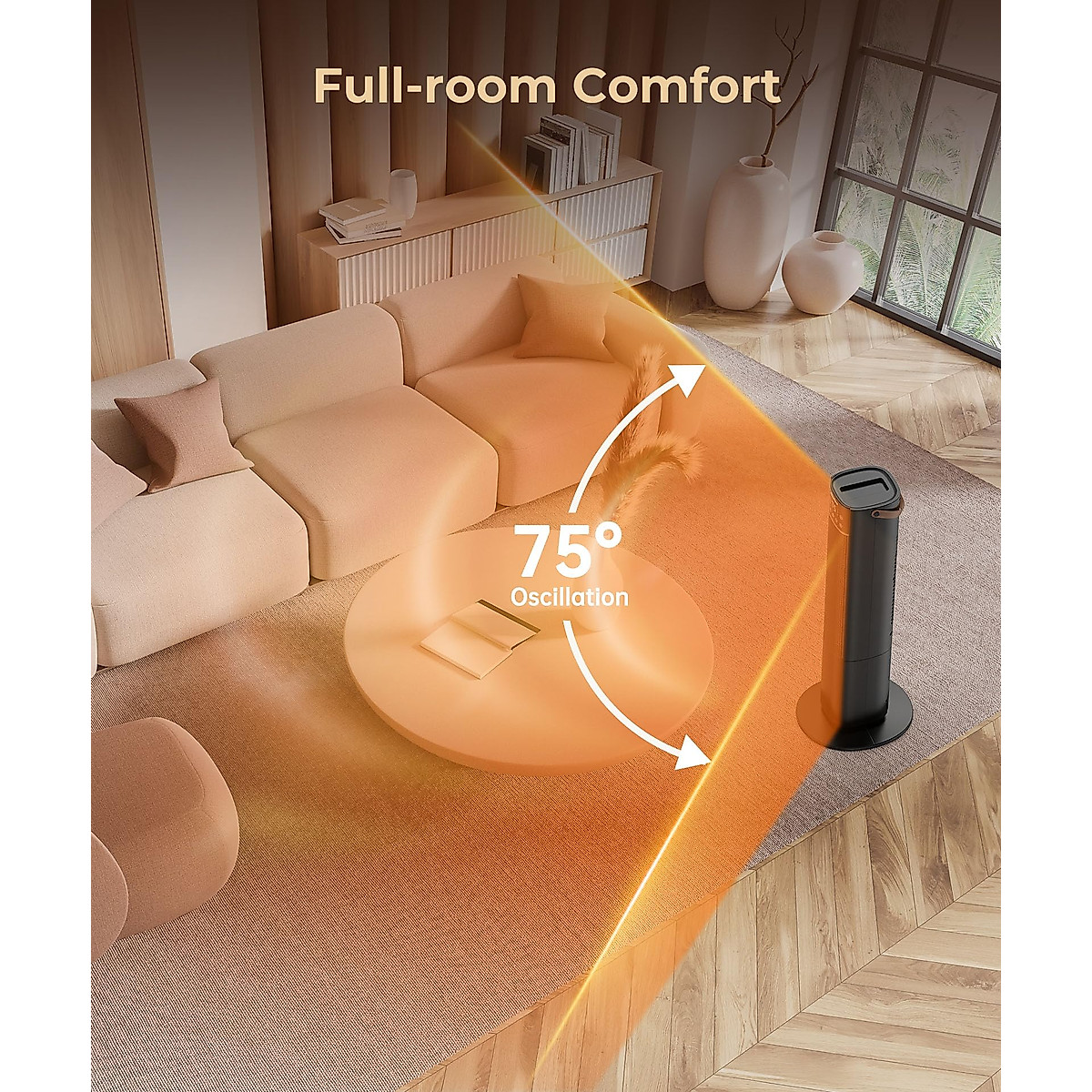 Space Heaters Indoor Use, 26" 12ft/s Electric Heater with Remote, 1500W Electric Heaters with 75°Oscillation, 1-12H Timer, PTC Electric Heater for Large Room, Bedroom Home Office, 2024 Upgraded