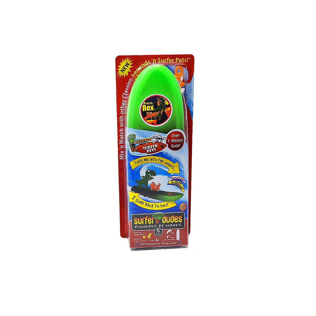 Surfer Dudes Legends & Surfer Pets Wave Powered Mini-Surfer, Pet and Surfboard Beach Toy - Rincon Rex and Santa Cruz