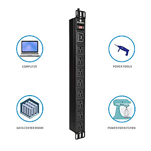 KUEEN 19" 1U Rack Mount PDU Power Strips,Server Rack Power Distribution Unit, 8 Power outlets,16AWG SJT 6.6ft Cord,1U/15A/125V, Aluminum Alloy with Surge Protector and Circuit Breaker on/Off Switch