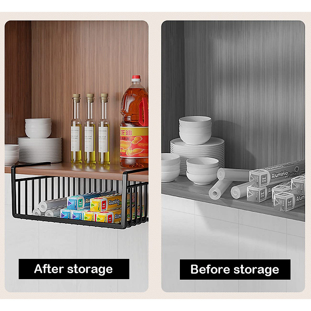 Jibri 2Pcs Under Shelf Storage Basket Black Under Cabinet Shelf Wire Basket Organizer, Under Shelf Storage for Kitchen Pantry Shelf Organizer Desk Bookshelf Cupboard