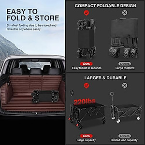 Ribitek Collapsible Folding Wagon,Heavy Duty Foldable Utility Garden Cart with Big All-Terrain Beach Wheels, Cup Holders & Side Pockets,for Camping, Garden, Sports, Shopping, Black