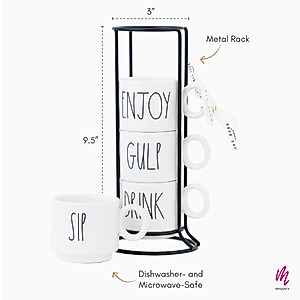 Rae Dunn Coffee-Mug Collection, Stackable Coffee and Espresso Mug Set with Wire Rack, Handcrafted Mugs for Coffee, Tea, or Espresso, Set of 4